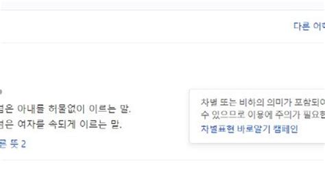 어학사전에 마누라 외다리 검색하면네이버 차별비하 주의 표
