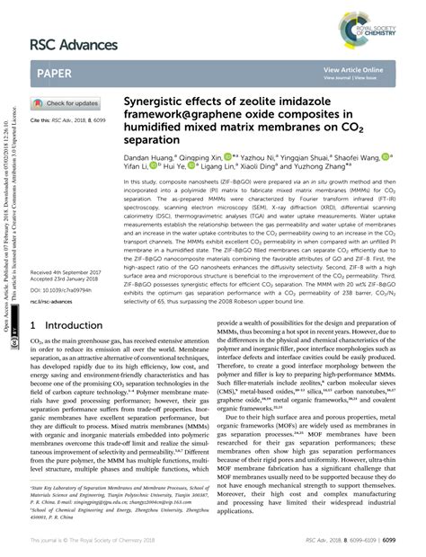 Pdf Synergistic Effects Of Zeolite Imidazole Framework Graphene Oxide Composites In Humidified