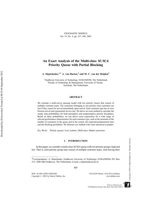 Pdf An Exact Analysis Of The Multi Class Mmk Priority Queue With