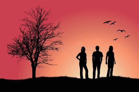 Two Girls And Man Standing On Hill Near Bare Tree Stock Vector Illustration Of Bird Stand