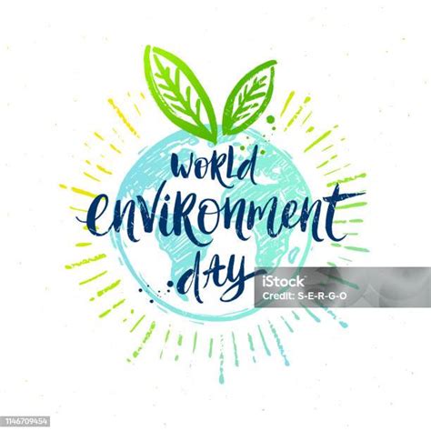 세계 환경 날손으로 그려진 지구 글로브 녹색 나뭇잎과 브러시 서 예 예술 인사말 카드 배너 포스터 티셔츠 프린트 디자인 벡터 일러스트입니다 0명에 대한 스톡 벡터 아트 및
