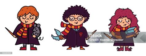 골든 트리오 벡터 세트입니다 로브에 마술 지팡이를 가진 귀여운 아이 마법사 요술 학생 흰색으로 분리된 손으로 그린 그림 카드 포스터 인쇄물에 대 한 평면 만화 클립 아트 3
