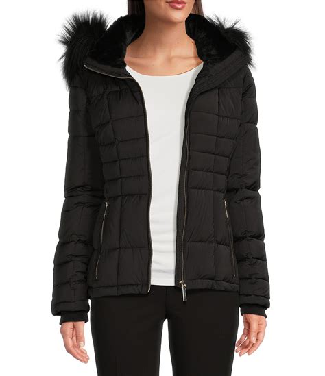 Donna Karan Quilted Faux Fur Hooded Long Sleeve Puffer Coat Dillards