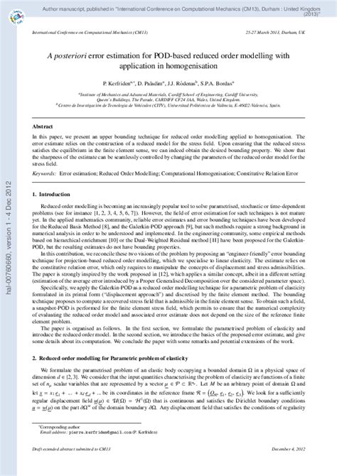 Pdf A Posteriori Error Estimation For Pod Based Reduced Order Modelling With Application In