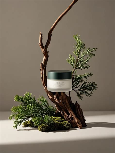 一个面霜悬，大面积留白，悬挂在艺术感的古树枝上，松柏树枝。背景是纯色，创造了传统与时尚的和谐融合。弥散背景，搭在底部不完全显示的树根上 3 花瓣网