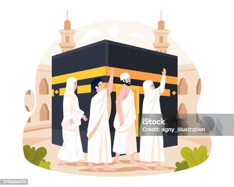 이슬람 Hajj 순례 이슬람교도들은 타와프를 하거나 메카의 카바 주변을 걷습니다 플랫 스타일의 벡터 그림 Umrah에 대한 스톡 벡터 아트 및 기타 이미지 Istock