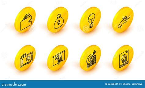 Set Line Document With Graph Chart Target Coin Symbol Board Safe And Money Money Hand Light