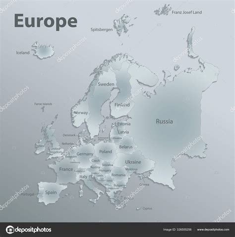 欧洲地图 新的政治详细地图 独立的各州 附有州名 玻璃卡纸3d图库矢量图作者：© Mondih 326555256