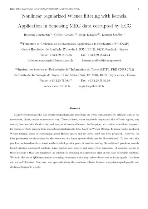 Pdf Nonlinear Regularized Wiener Filtering With Kernels Application