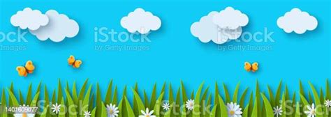 Seamless Grass Clouds Border Stock Illustration Download Image Now Butterfly Insect Grass