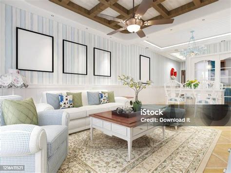 3d 렌더링 소파 커피 테이블 장식 그림 등이있는 파란색 지중해 스타일의 집에서 넓은 거실 디자인 0명에 대한 스톡 사진 및 기타 이미지 Istock
