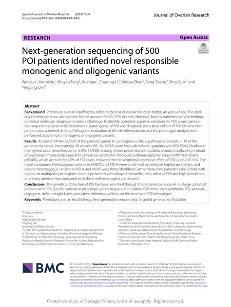 Pdf Next Generation Sequencing Of 500 Poi Patients Identified Novel Responsible Monogenic And