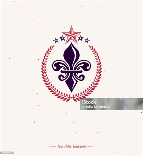 백합 꽃과 오각성 별으로 만든 복고풍 빈티지 휘장 벡터 제품 품질 아이디어 디자인 요소 플뢰르 드 리스 0명에 대한 스톡 벡터 아트 및 기타 이미지 Istock