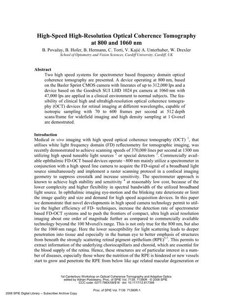 Pdf High Speed High Resolution Optical Coherence Tomography At 800