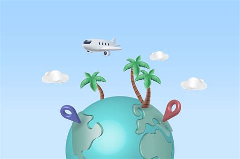 비행기는 전 세계와 야자수 위를 날아다니며 목적지를 정확히 파악합니다 여행 휴가와 여름 휴가 개념 3d 벡터 야자 나무 Arecales에 대한 스톡 벡터 아트 및 기타