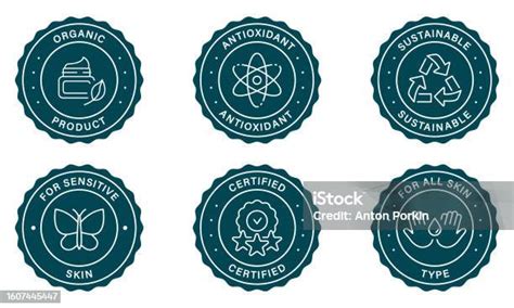 천연 유기농 제품 스탬프 세트 지속 가능한 친환경 씰 크루얼티 프리 민감한 피부를 위한 안전한 화장품 알레르겐 그린 라벨 없음 인증된 스티커 컬렉션 격리된 벡터 그림 100