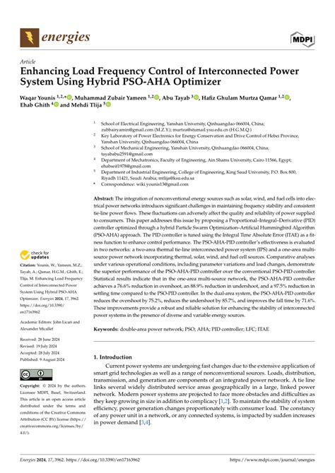 Pdf Enhancing Load Frequency Control Of Interconnected Power System Using Hybrid Pso Aha Optimizer
