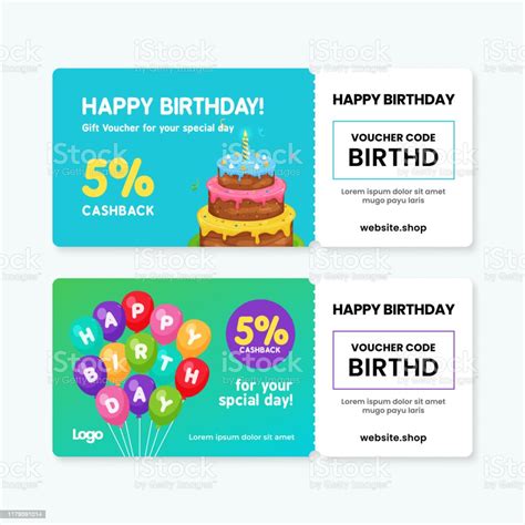 생일 선물 바우처 카드 템플릿 디자인입니다 5 캐쉬백 쿠폰 코드 프로모션 생일 케이크 아트워크와 풍선 배경 벡터 일러스트 생일에 대한 스톡 벡터 아트 및 기타 이미지