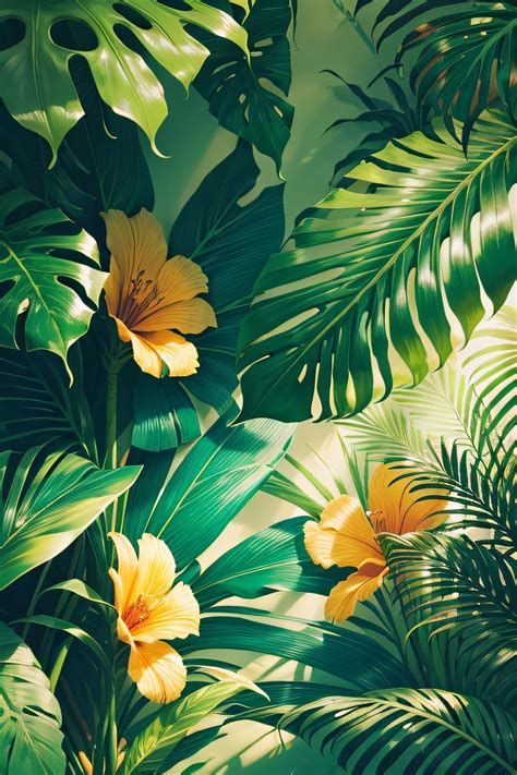 Tropical Wallpaper With Yellow Flowers And Green Leaves Seaart Ai