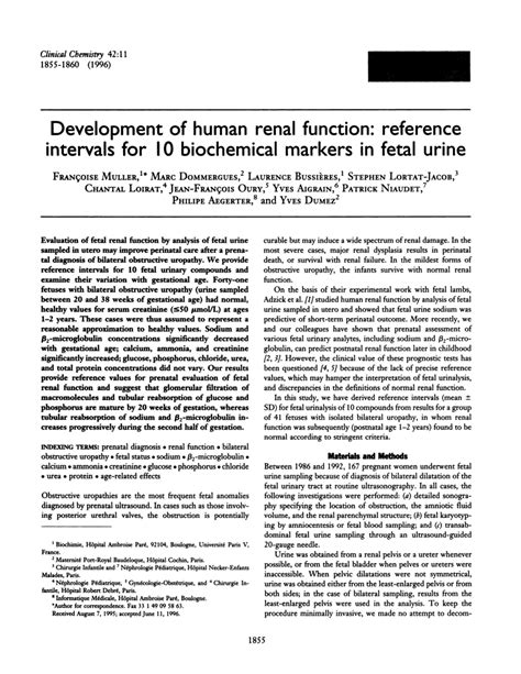 Pdf Development Of Human Renal Function Reference Intervals For 10 Biochemical Markers In