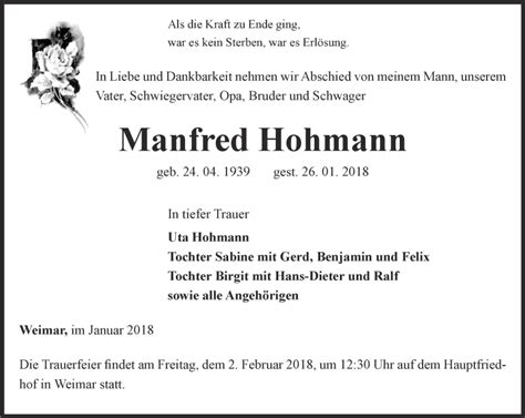 Traueranzeigen Von Manfred Hohmann Trauer In Thueringende