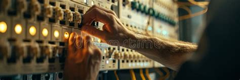 Electrical Panel Repair Electrician Switching Off Circuit Breakers In Fuse Box Hands Closeup