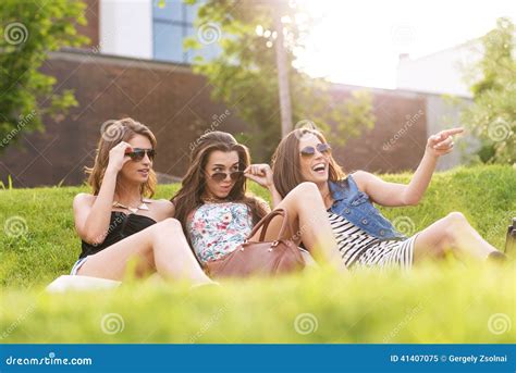 3 Beautiful Woman Feels Good In The Grass Stock Image Image Of