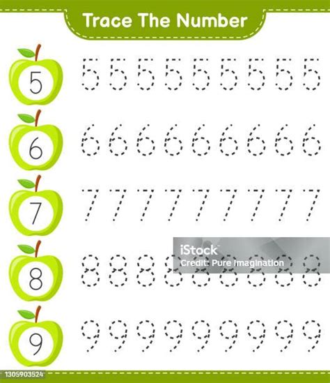 숫자를 추적합니다 애플과 숫자를 추적 교육 어린이 게임 인쇄 워크 시트 벡터 일러스트레이션 0명에 대한 스톡 벡터 아트 및 기타