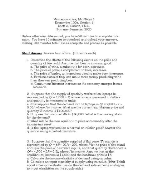 Econ A Summer Midterm Microeconomics Mid Term Economics A Section Scott A