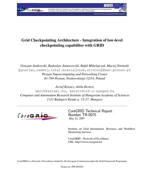Pdf Grid Checkpointing Architecture Integration Of Low Level Checkpointing Capabilites With Grid