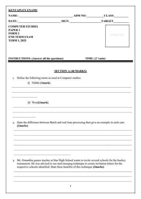 Form 3 Computer Studies Paper 1 End Of Term 1 Examination 2025