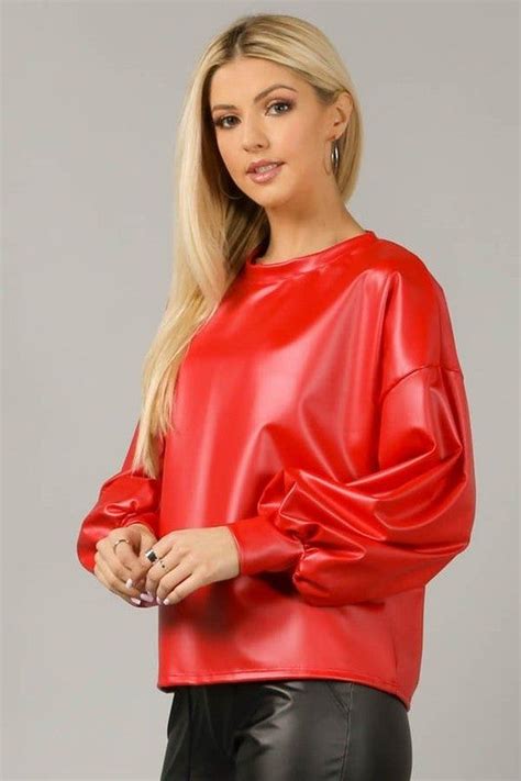 Black Solid Faux Leather Fabric Round Neck Long Sleeves Casual Top Leather Fashion Red Leather