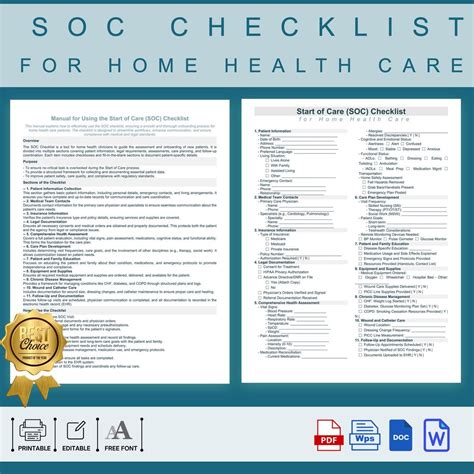 Comprehensive Soc Checklist For Home Health Care Editable Start Of