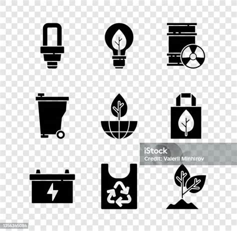 Led 전구 잎이있는 빛 배럴의 방사성 폐기물 자동차 배터리 비닐 봉지 재활용 식물 쓰레기 캔 및 지구 지구 및 식물 아이콘을 설정합니다 벡터 Led 조명에 대한 스톡 벡터