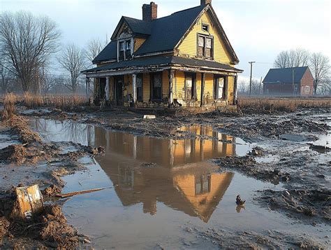 Abandoned House In Flooded Field Reflecting In Muddy Water 57933280