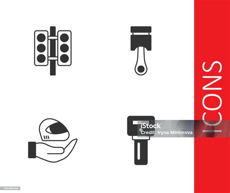 리모컨 레이싱 신호등 헬멧 및 엔진 피스톤 아이콘으로 자동차 키를 설정합니다 벡터 검은색에 대한 스톡 벡터 아트 및 기타 이미지