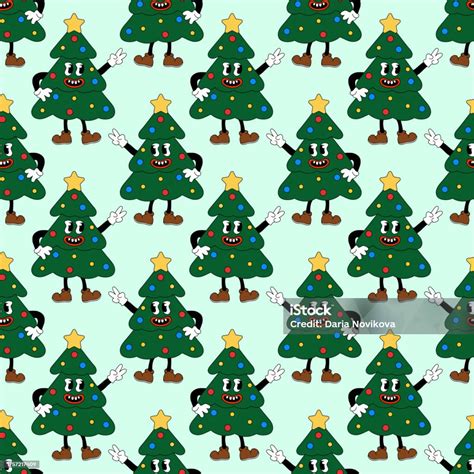 복고풍 70 년대 60 년대 80 년대 히피 그루비 완벽 한 패턴 크리스마스 트리 캐릭터 표시 기호 평화 벡터 평면 그림입니다 12월에 대한 스톡 벡터 아트 및 기타 이미지