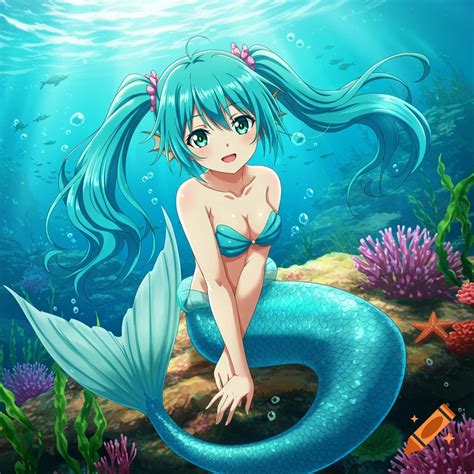 Anime Mermaid With Teal Hair Sitting On A Rock Underwater On Craiyon