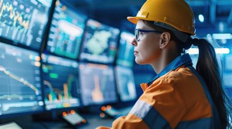 Engineer Monitoring Industrial Equipment On Multiple Screens In A Control Room Premium Ai