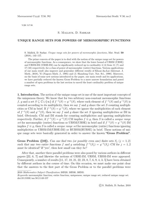 Pdf Unique Range Sets For Powers Of Meromorphic Functions