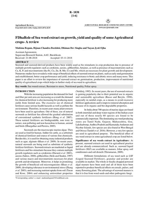 Pdf Role Of Seaweed Extract On Growth Yield And Quality Of Some Agricultural Crops A Review