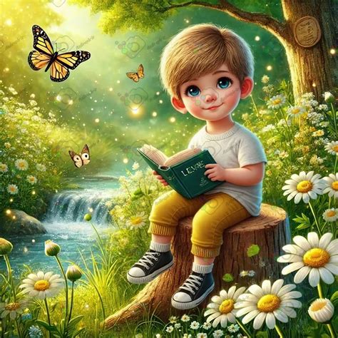 بک گراند کودکانه پسربچه ناز نشسته روی کنده درخت کتاب در دست میان گلها