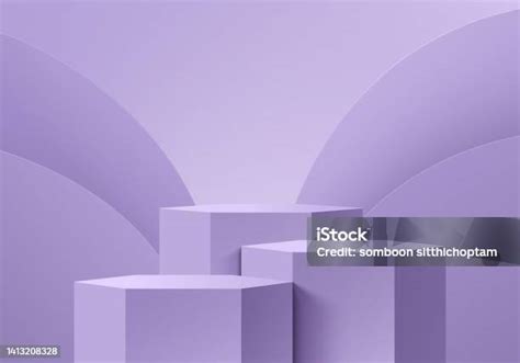 사실적인 보라색 3d 육각형 스탠드 또는 둥근 곡선 모양 레이어 배경으로 설정된 연단 파스텔 제품 무대 쇼케이스 프로모션