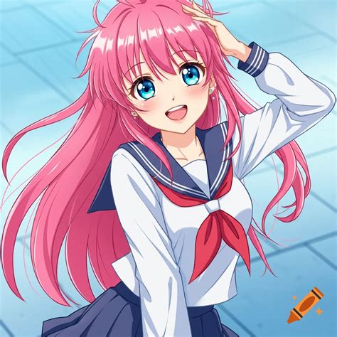 Anime Girl With Pink Hair In Crop Top And Skirt Standing Confidently