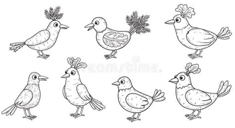 Whimsical Black And White Cartoon Birds With Vegetables Stock