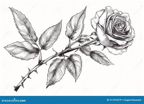 Sketch Illustration Of A Hybrid Tea Rose With Leaves And Thorns In