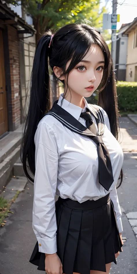 1girl Big Breast Black Hair Low Twintail School Clothes Seaart Ai