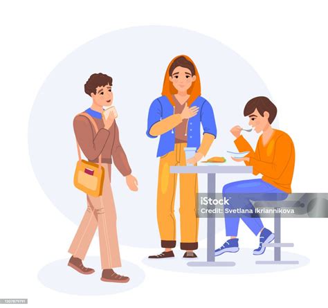 학생 점심 시간 패스트 푸드를 먹고 커피를 마시고 핫도그를 먹는 젊은 이들의 그룹 함께 앉아 함께 대화를 나누고 점심을 먹는 친구들이 교육에 대한 스톡 벡터 아트 및 기타