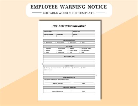 Employee Warning Notice Form Editable Pdf And Word Template Etsy