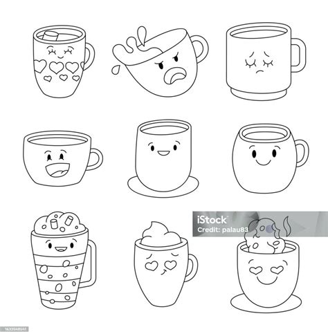 컵 캐릭터 만화입니다 색칠 공부 페이지 향긋한 커피 머그잔 벡터 그리기 디자인 요소 모음입니다 가공의 인물에 대한 스톡 벡터 아트 및 기타 이미지 Istock